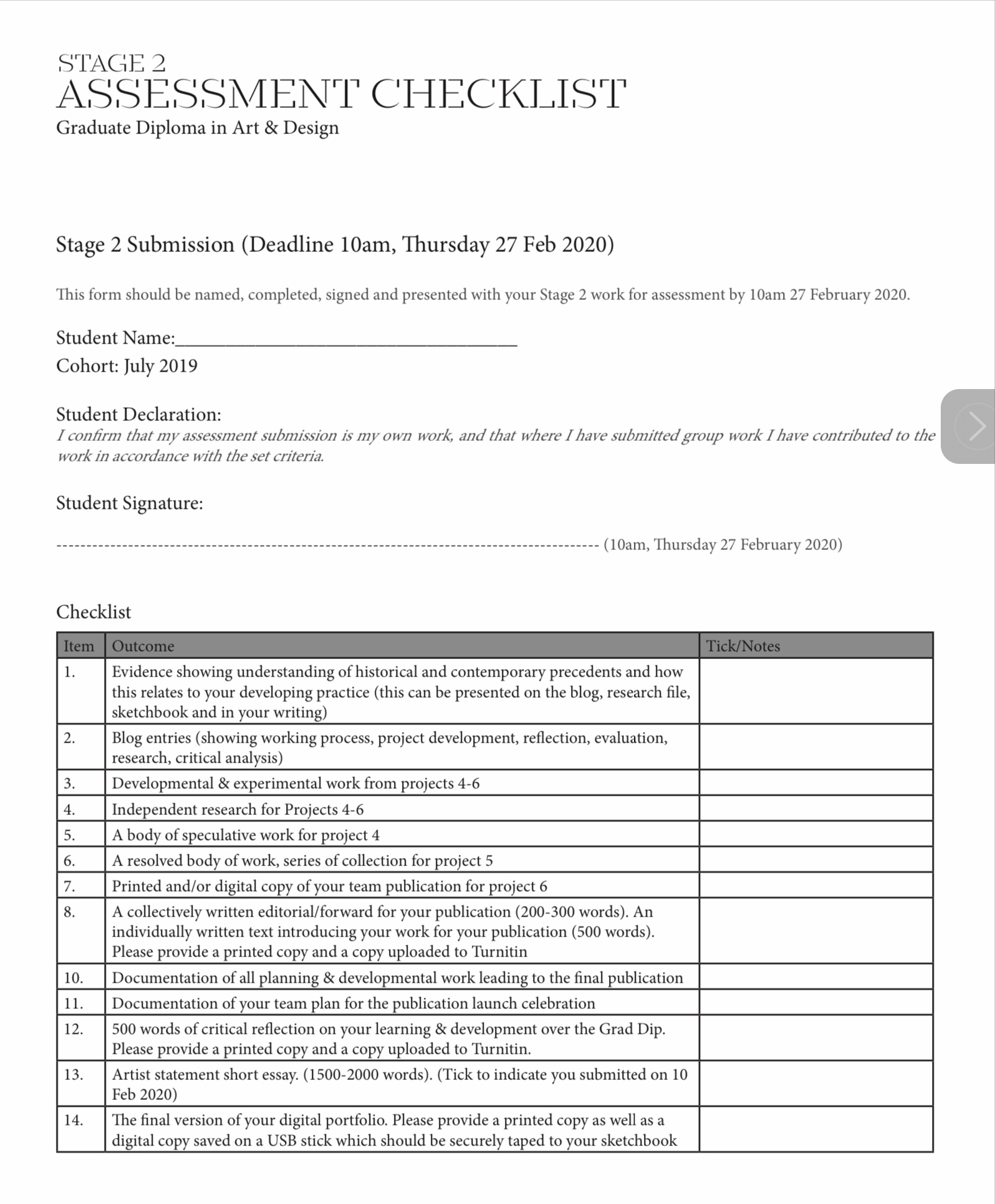 Week 31: Stage 2- Assessment Checklist – Sarah Chalkie Cloonan